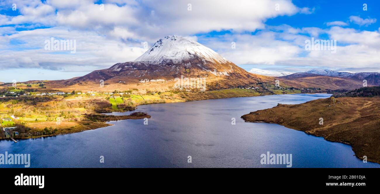 Aerial view of Mount Errigal, the highest mountain in Donegal - Ireland ...
