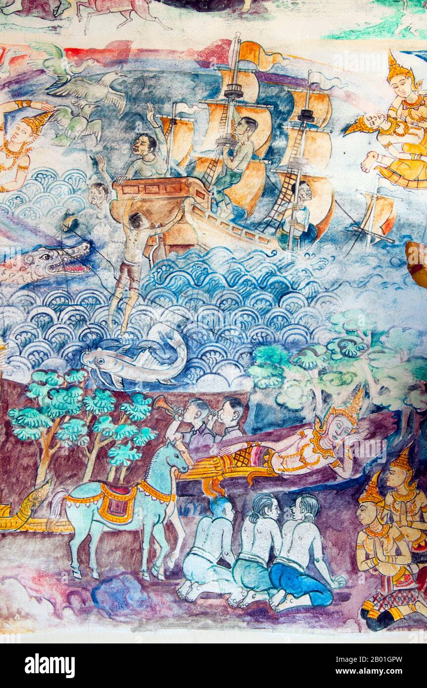 Thailand: Mural scene from the Buddhist Jataka tales on the front of ...