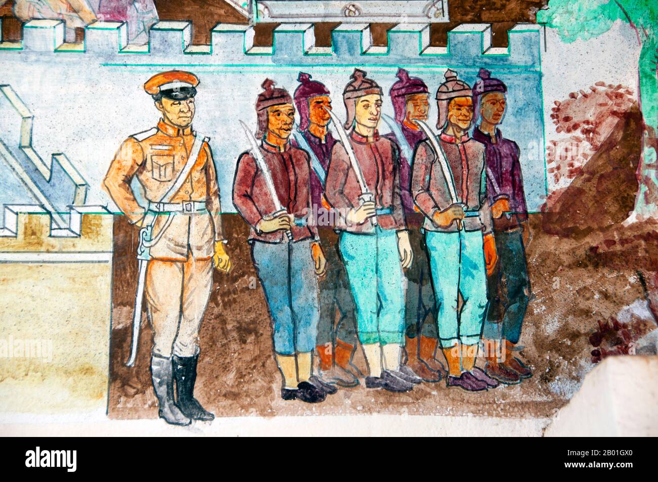 Thailand: Mural of soldiers in traditional uniform with a modern ...