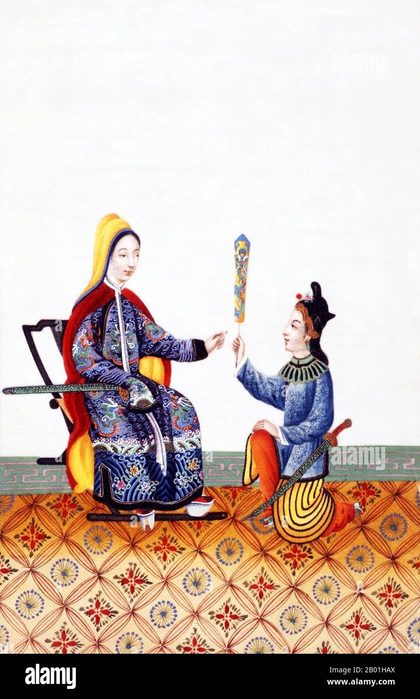 China: Hand-painted representation of mistress and servant in 19th ...