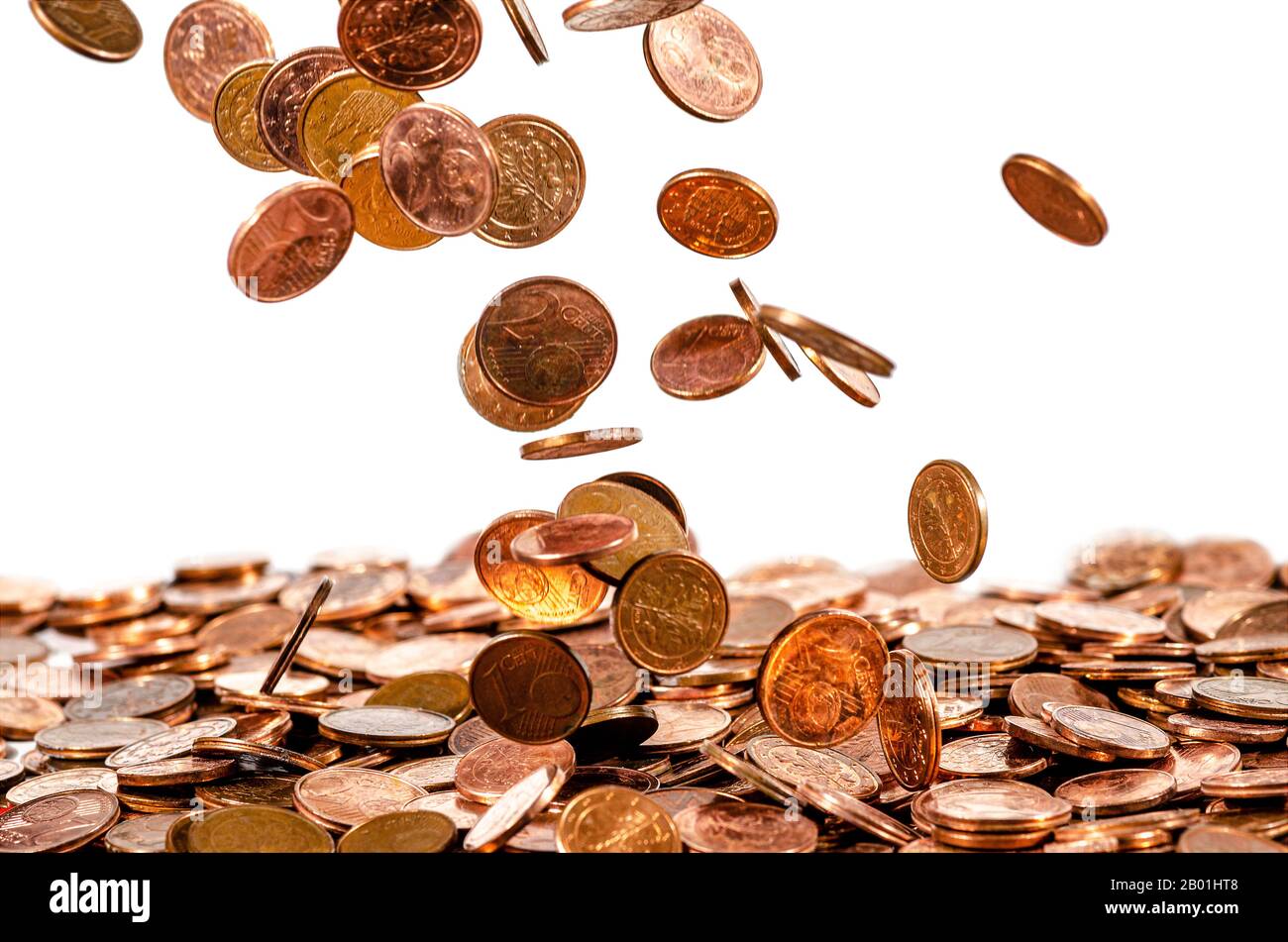 cent coins fall of a heap of cent coins, white background, isolated ...