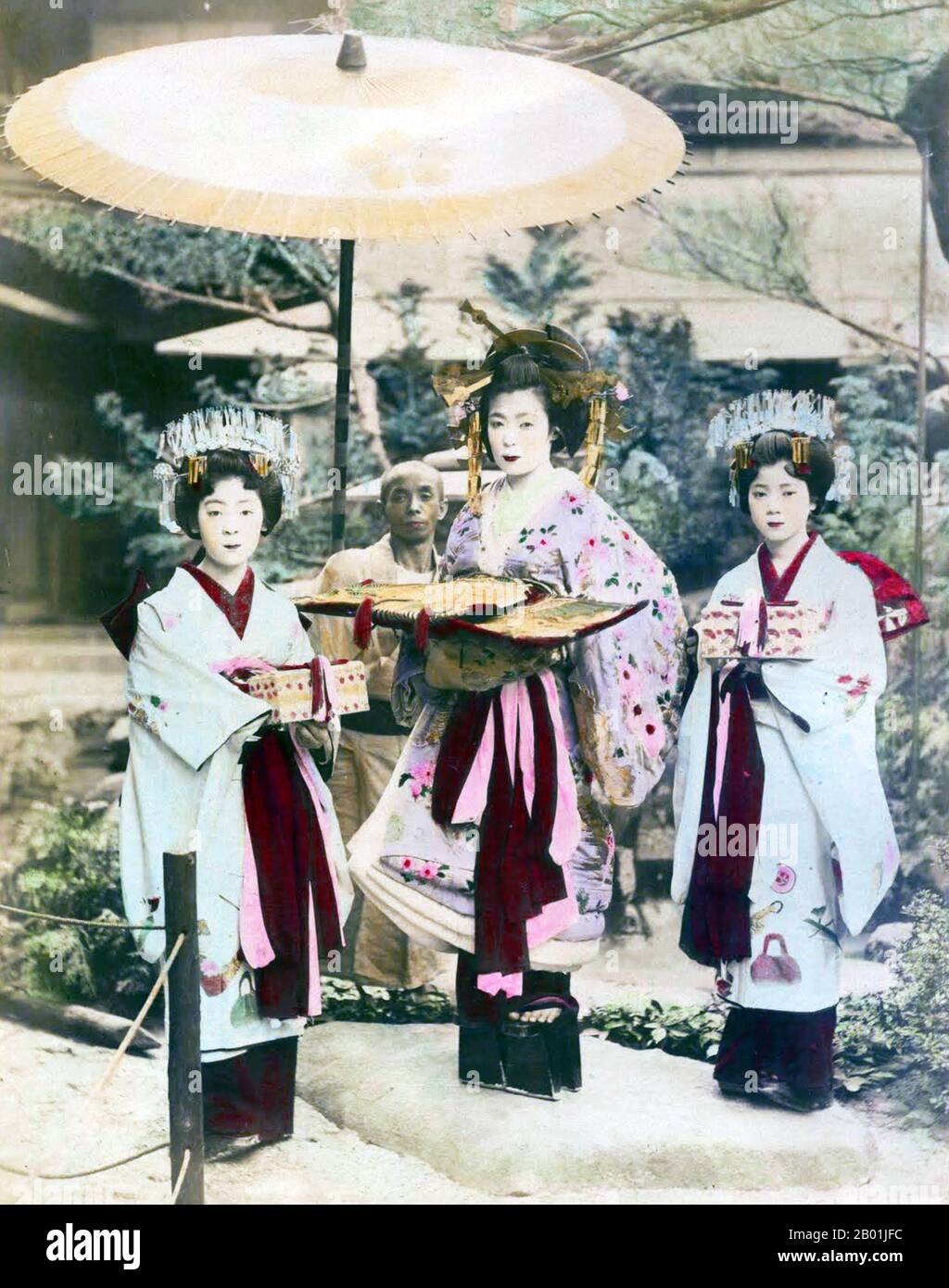 Japan: Oiran or courtesan/prostitute with two kamuro or maid attendants ...