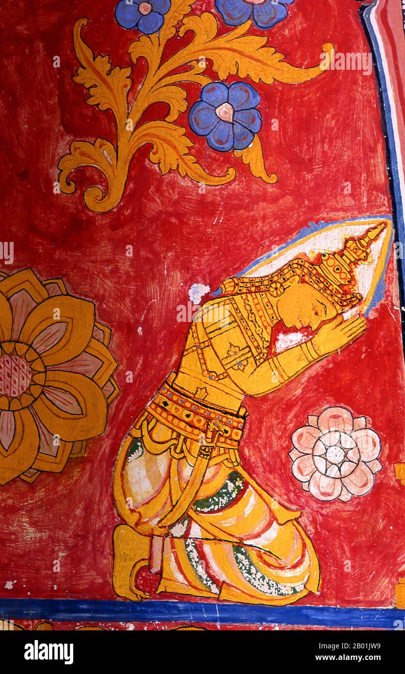 Sri Lanka: A devotee of the Lord Buddha in a wall painting at Asgiriya ...
