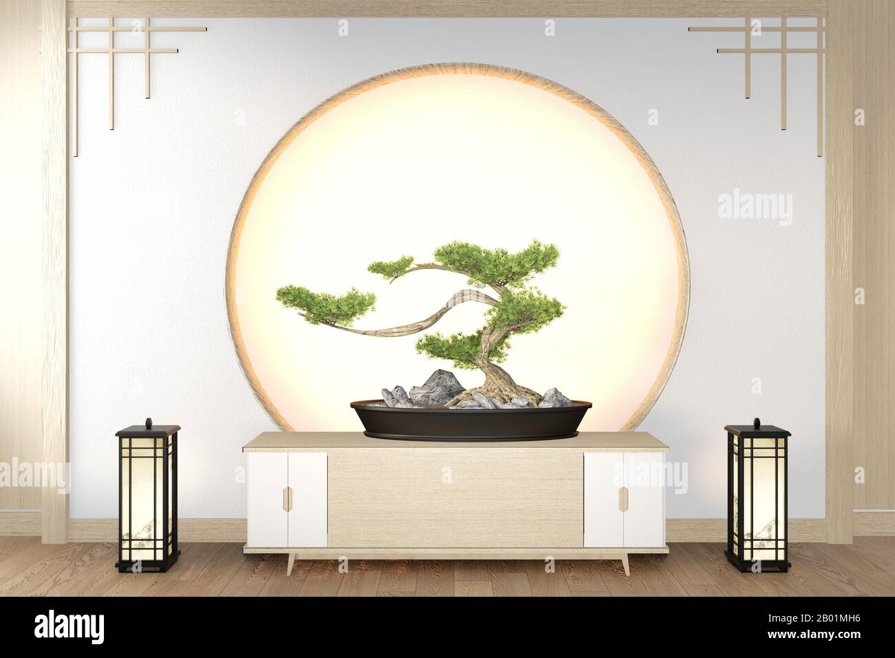 Bonsai tree on cabinet wooden on wall room zen style and decoraion ...