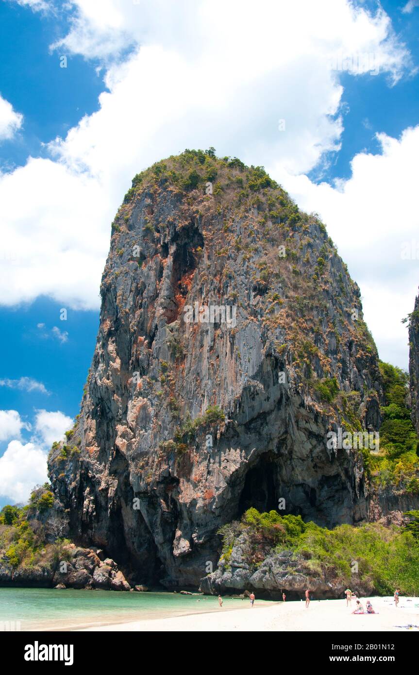 Thailand: Limestone karst outcrops tower above Hat Tham Phra Nang beach ...