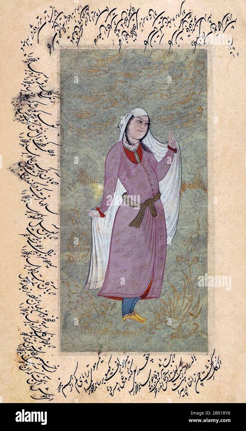 Iran/Persia: Miniature painting of a young woman with a white shawl ...