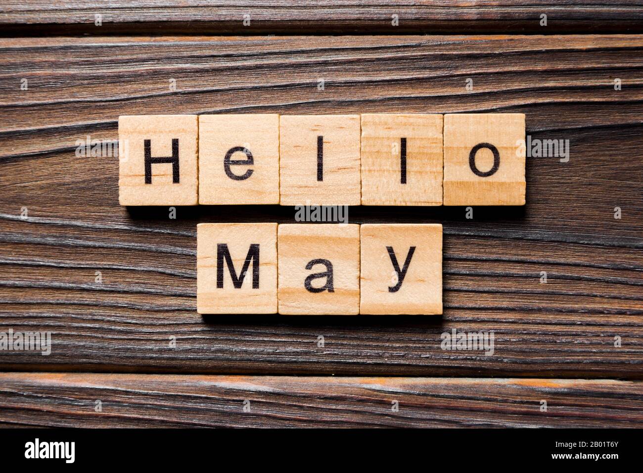 Hello May word written on wood block. Hello May text on table, concept ...
