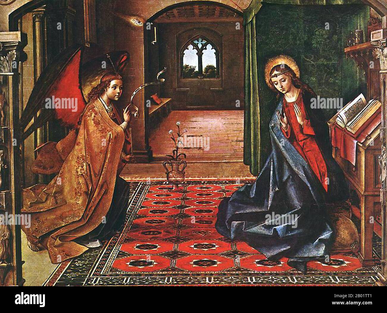 Spain: Panel from 'The Annunciation', with fine oriental carpet. Oil on ...