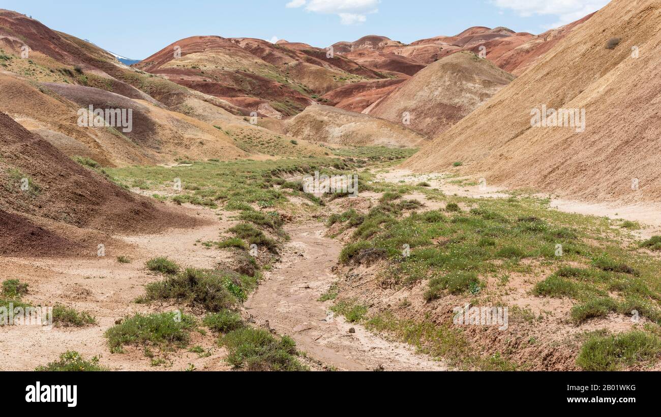 Colored hills, red and green, near the Aras river in Igdir, Turkey ...
