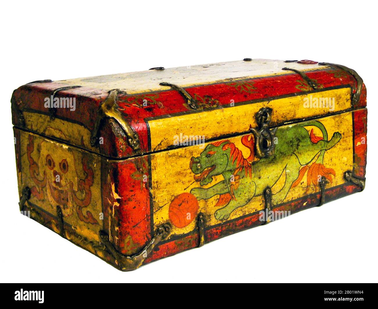 China/Tibet: A traditional painted Tibetan tea chest with a lion on the ...
