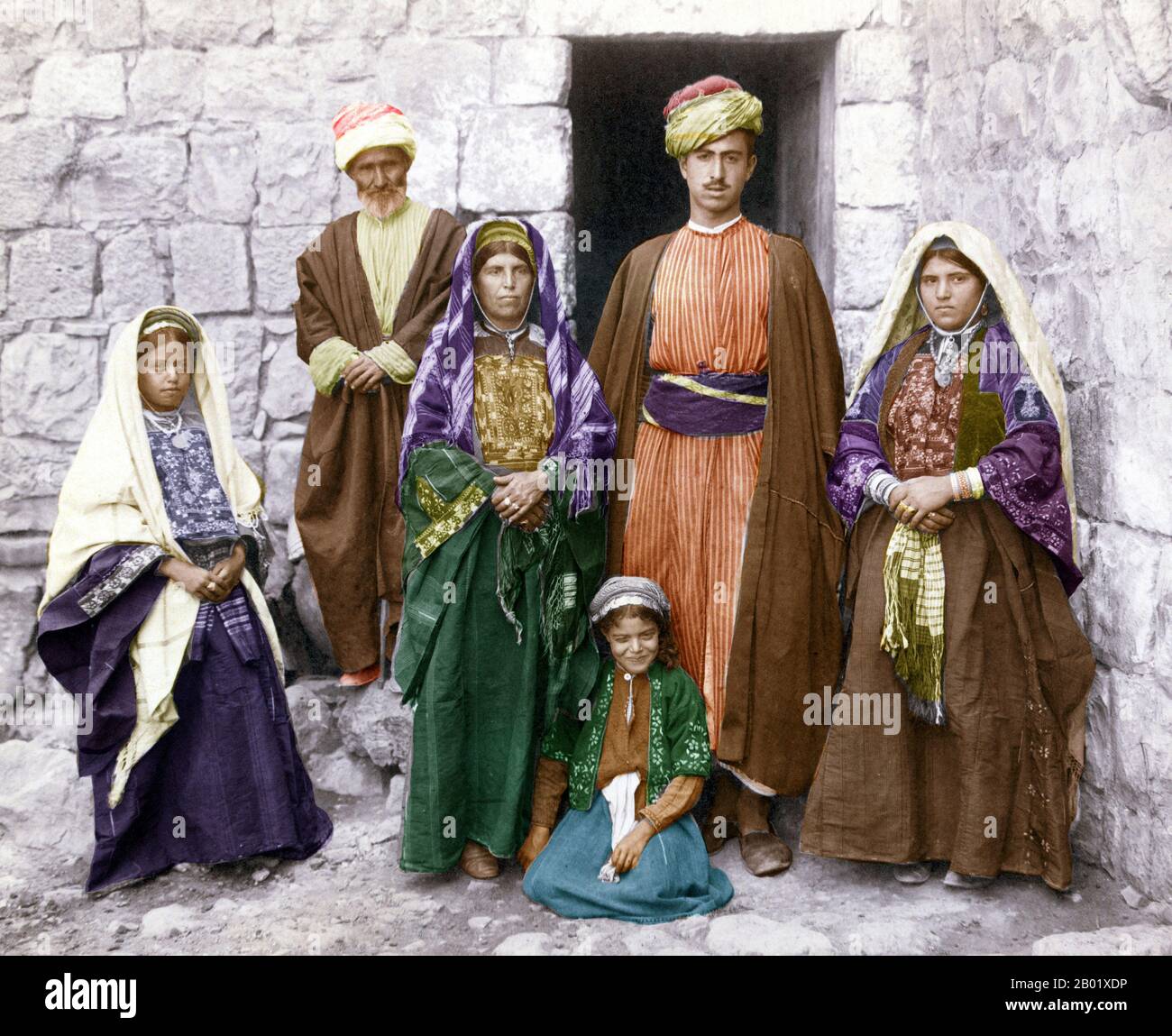 Palestine: A Palestinian peasant family in Ramallah. Hand-coloured ...