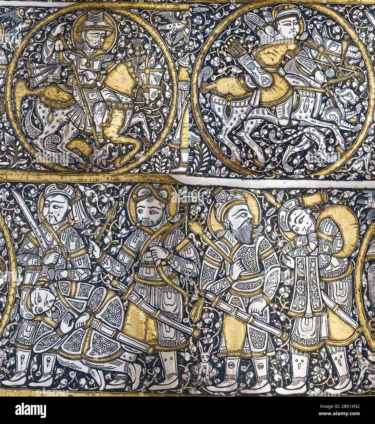 Egypt: Brass basin in gold and silver metalwork showing Mamluk soldiers ...