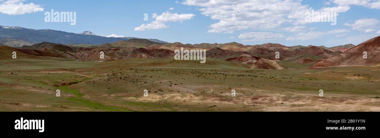 Panorama of colored hills, red and green, near the Aras river in Igdir ...