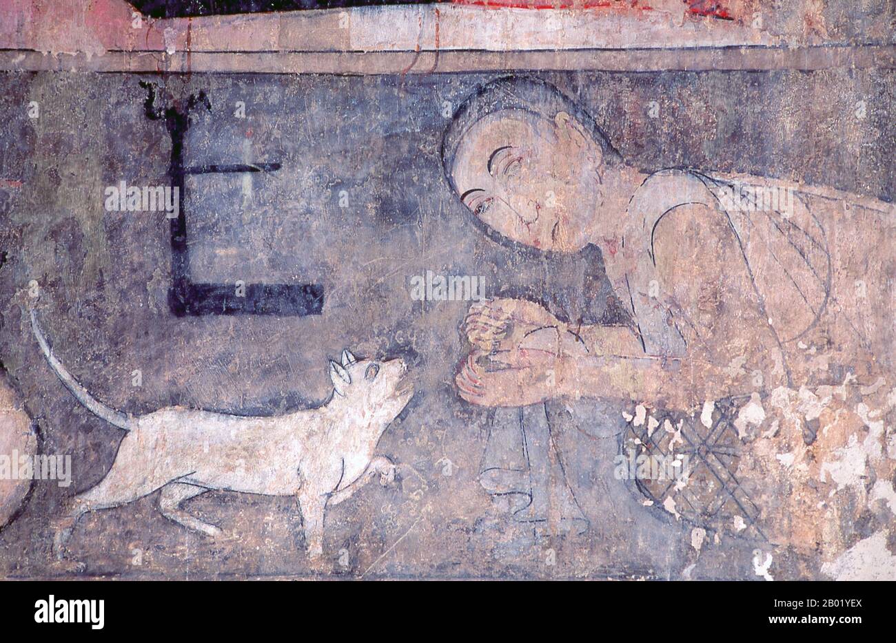 Thailand: A monk plays with a cat, 19th century mural, Wat Nong Bua ...