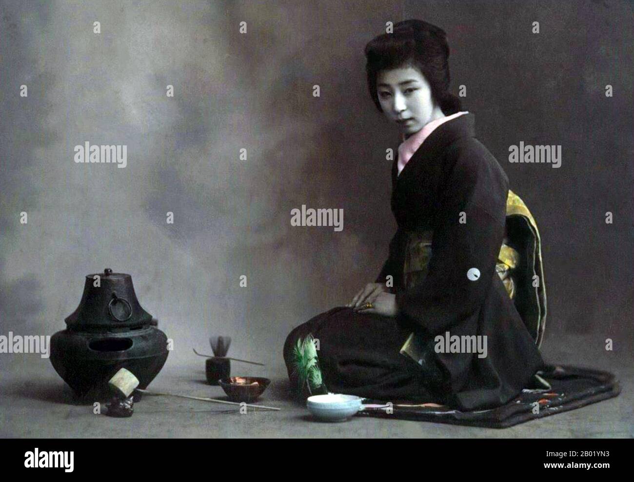 Japan: Kimono-clad woman preparing for the chanoyu Tea Ceremony, c ...