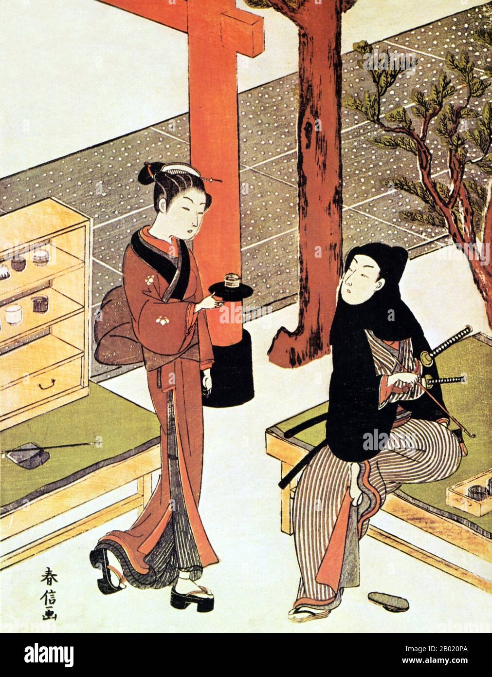 Japan: 'Osen of the Kagiya serving Tea in front of Kasamori Shrine ...