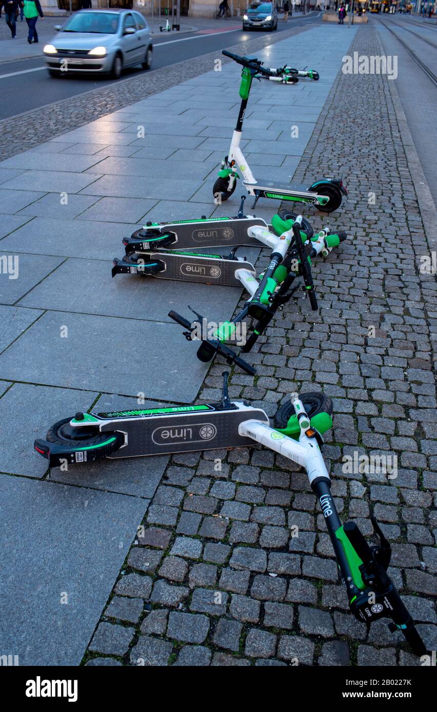 Dresden, Germany. 10th Feb, 2020. E-scooters are located on a sidewalk ...