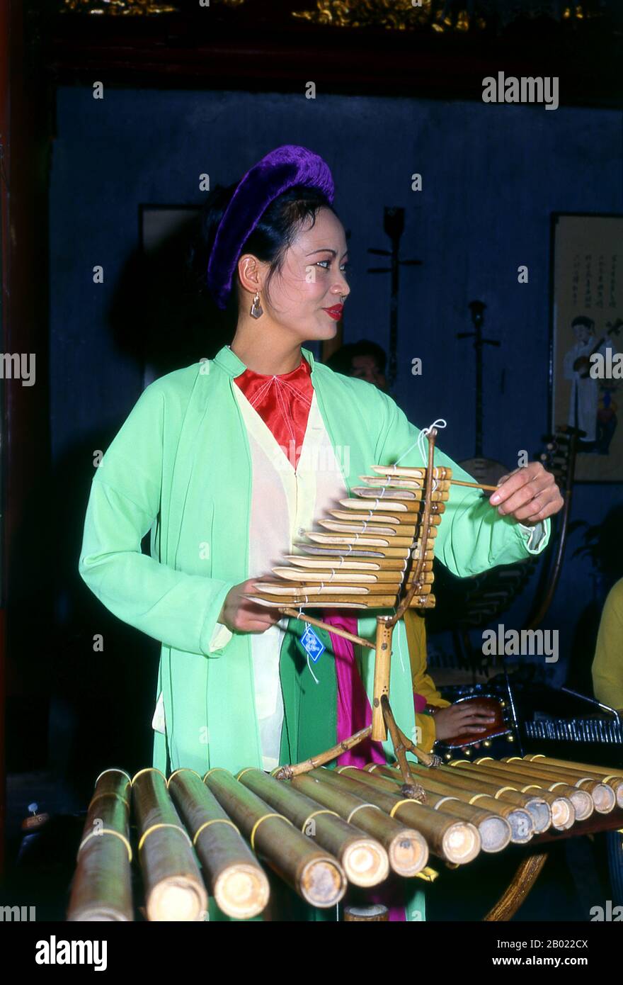 Vietnam: Musician playing a dan trung (bamboo xylophone) in a ...