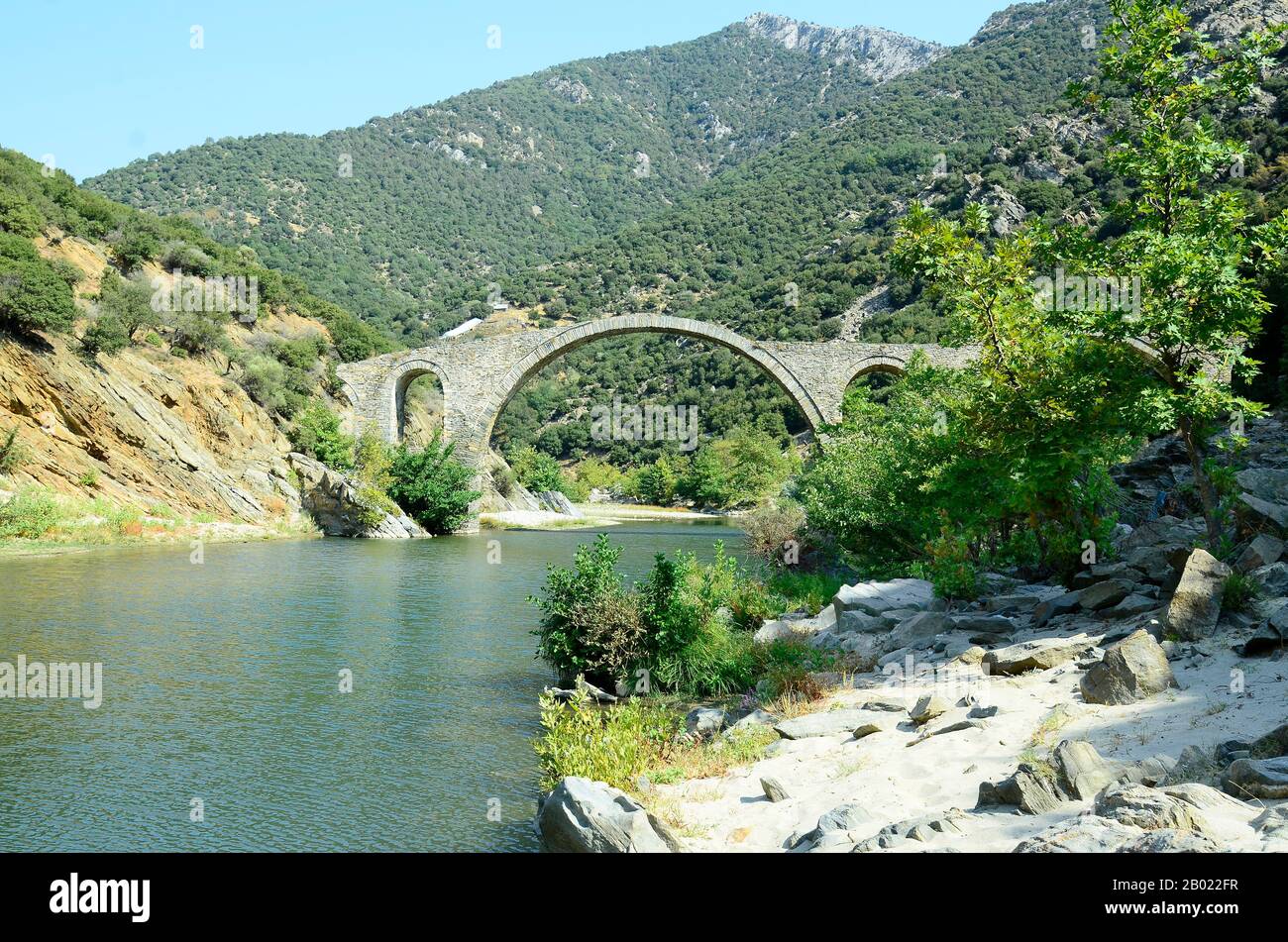 Greece, ancient byzantine arch bridge over river Kompsatos Stock Photo ...