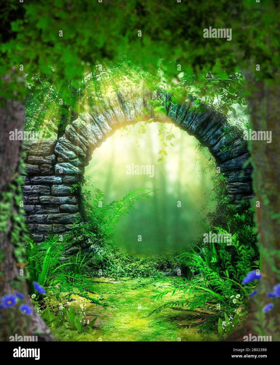 Enchanting stone gate entrance to a lush fairytale forest, 3d render ...