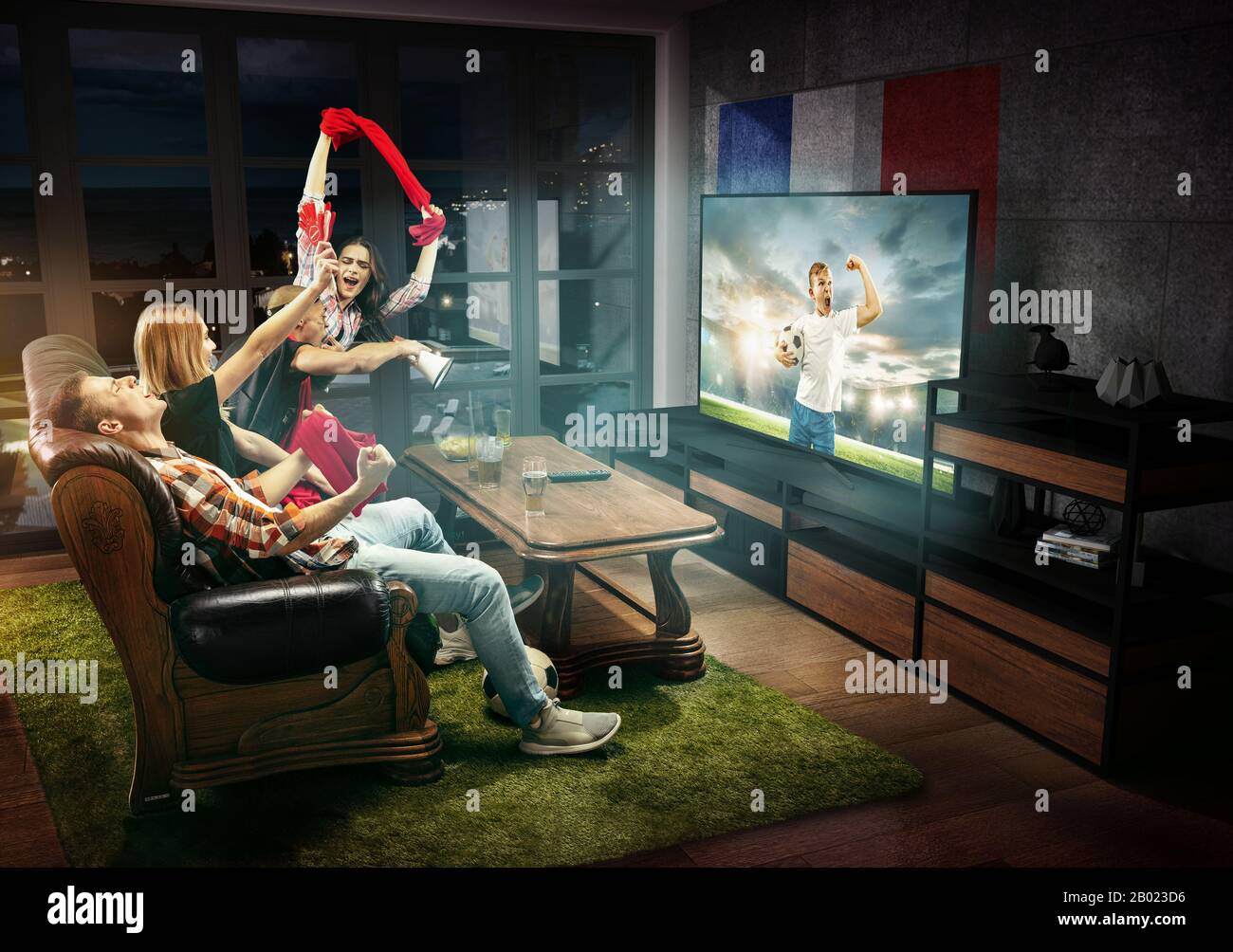 Group of friends watching TV, teens football match, championship, sport ...