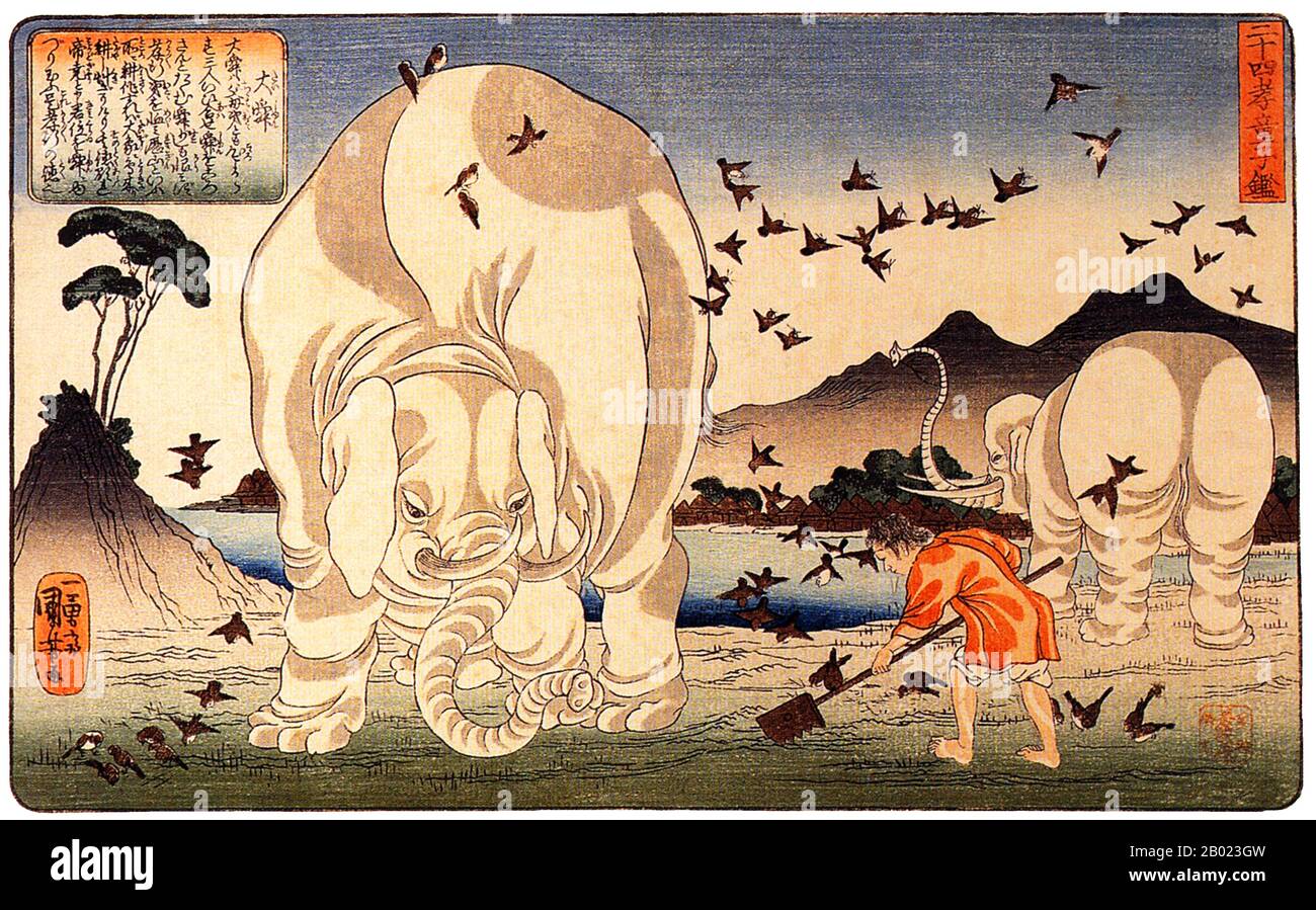 Japan: 'Taishun with Elephants'. Ukiyo-e woodblock print from the ...