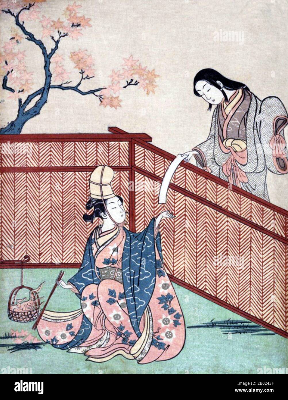 Japan: 'Warming the Sake by Maple Leaf Fire'. Ukiyo-e woodblock print ...