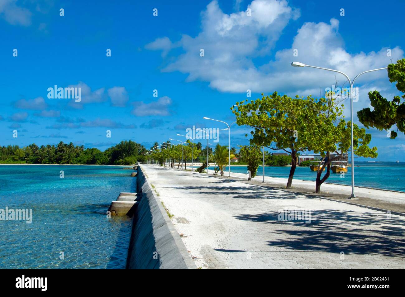 Maldives: Looking towards Gan Island. The causeways linking the islands ...