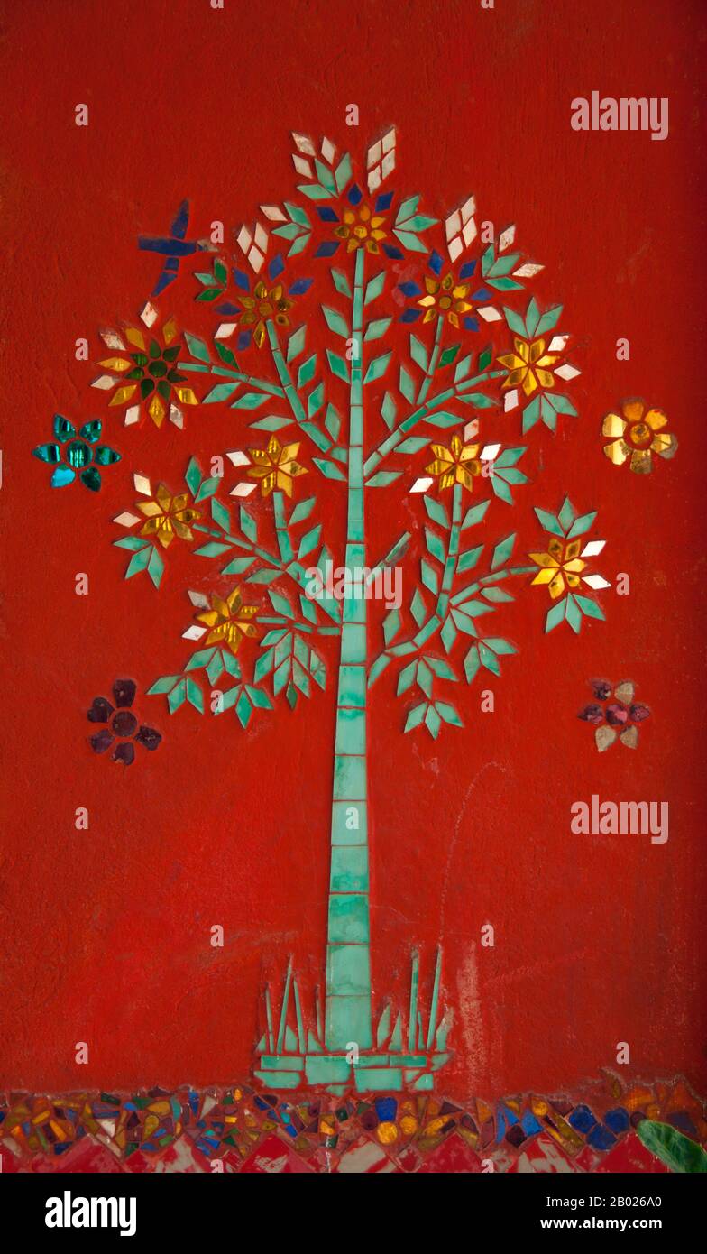 Laos: Tree of life mosaic on the wall of the sim (ordination hall), Wat ...