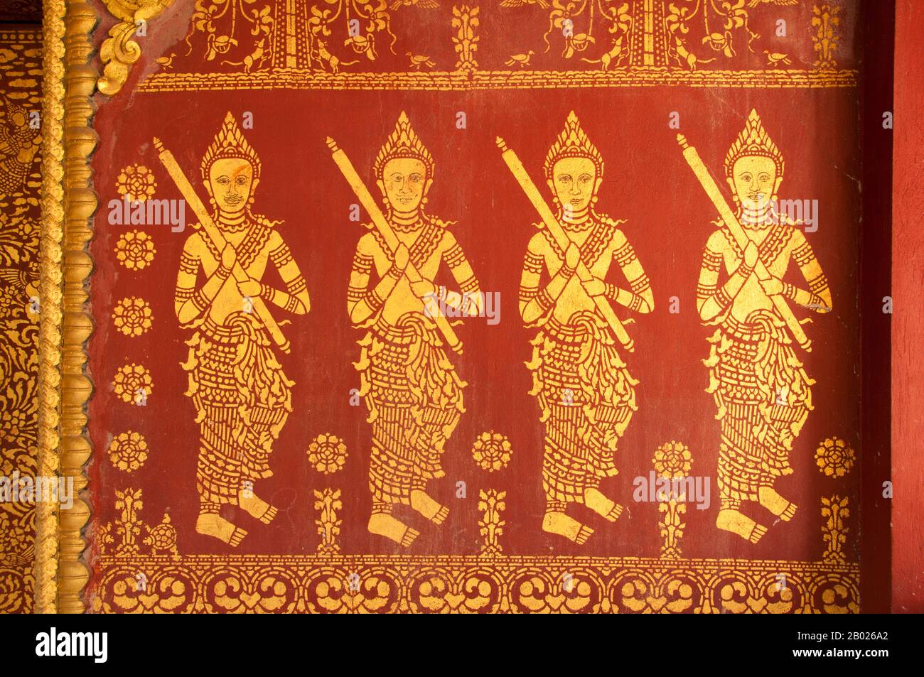 Laos: Gold lacquer detail on the wall of the sim (ordination hall), Wat ...
