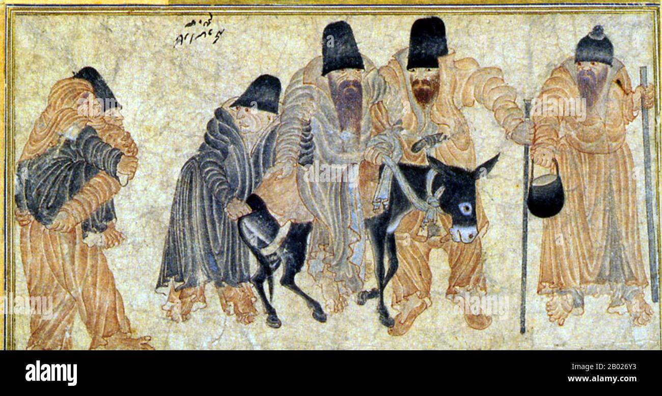 Central Asia: A group of mendicants with a donkey. Siyah Kalem School ...
