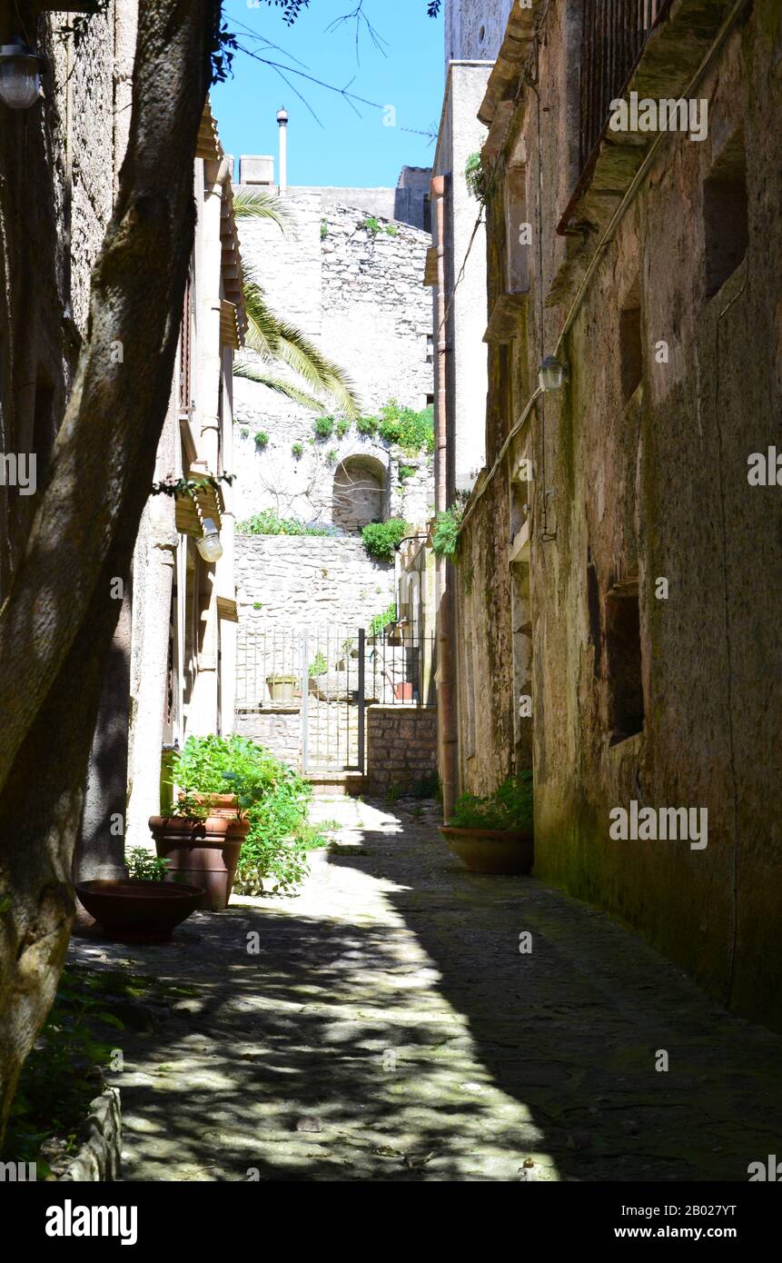Ancient streets in old italian style. Erice, Sicily, Italy Stock Photo ...