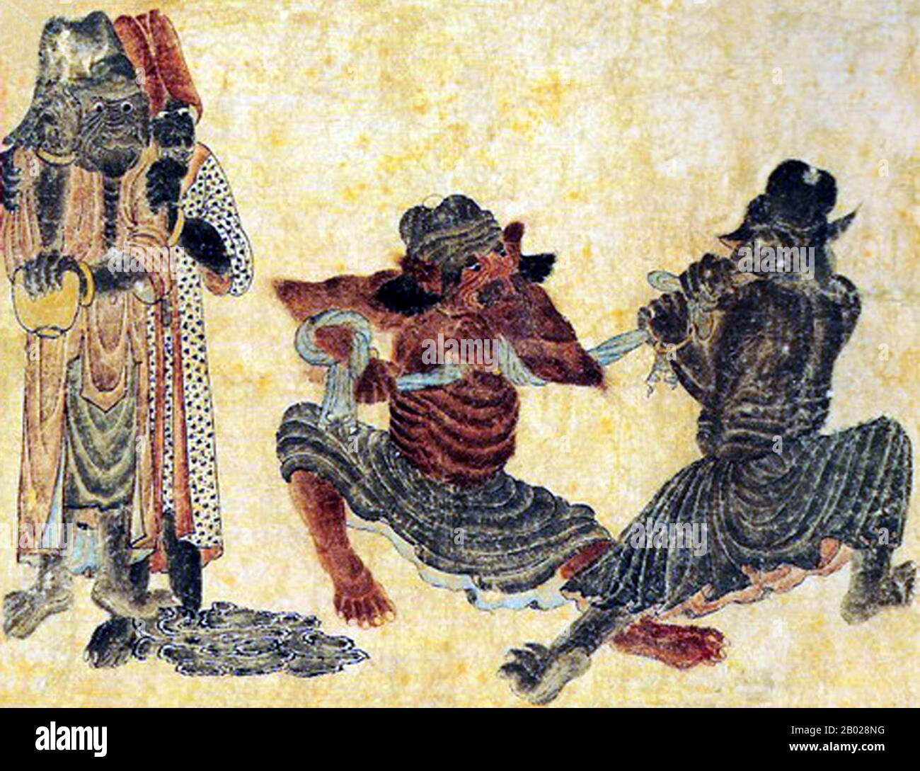 Central Asia: Two demons wrestle over a piece of cloth while a third ...