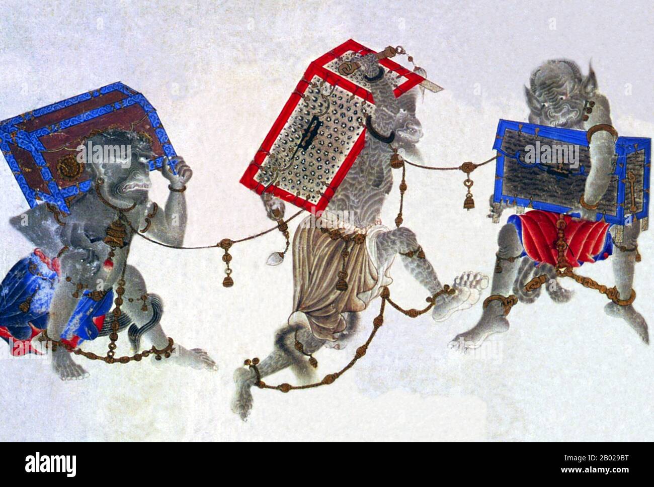 Central Asia: Shackled demons carrying treasure chests. Miniature ...