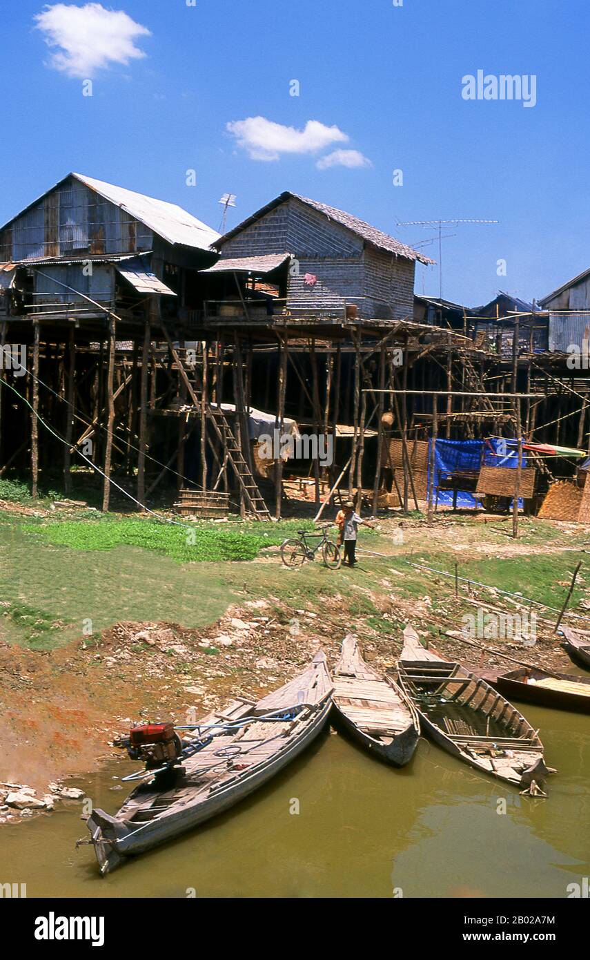 Cambodia: Stilted riverside housing (showing just how high the Tonle ...