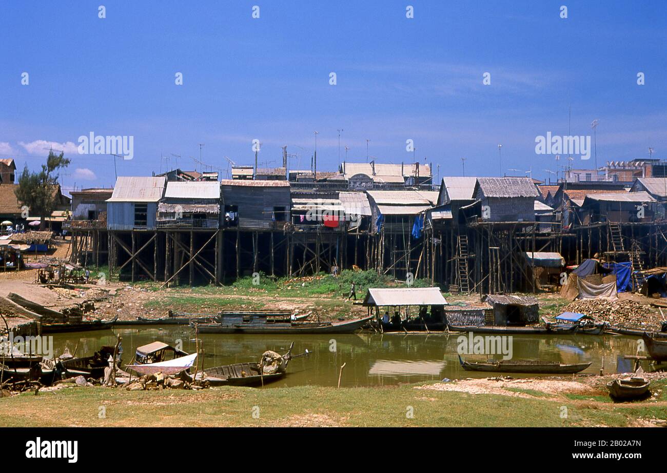 Cambodia: Stilted riverside housing (showing just how high the Tonle ...