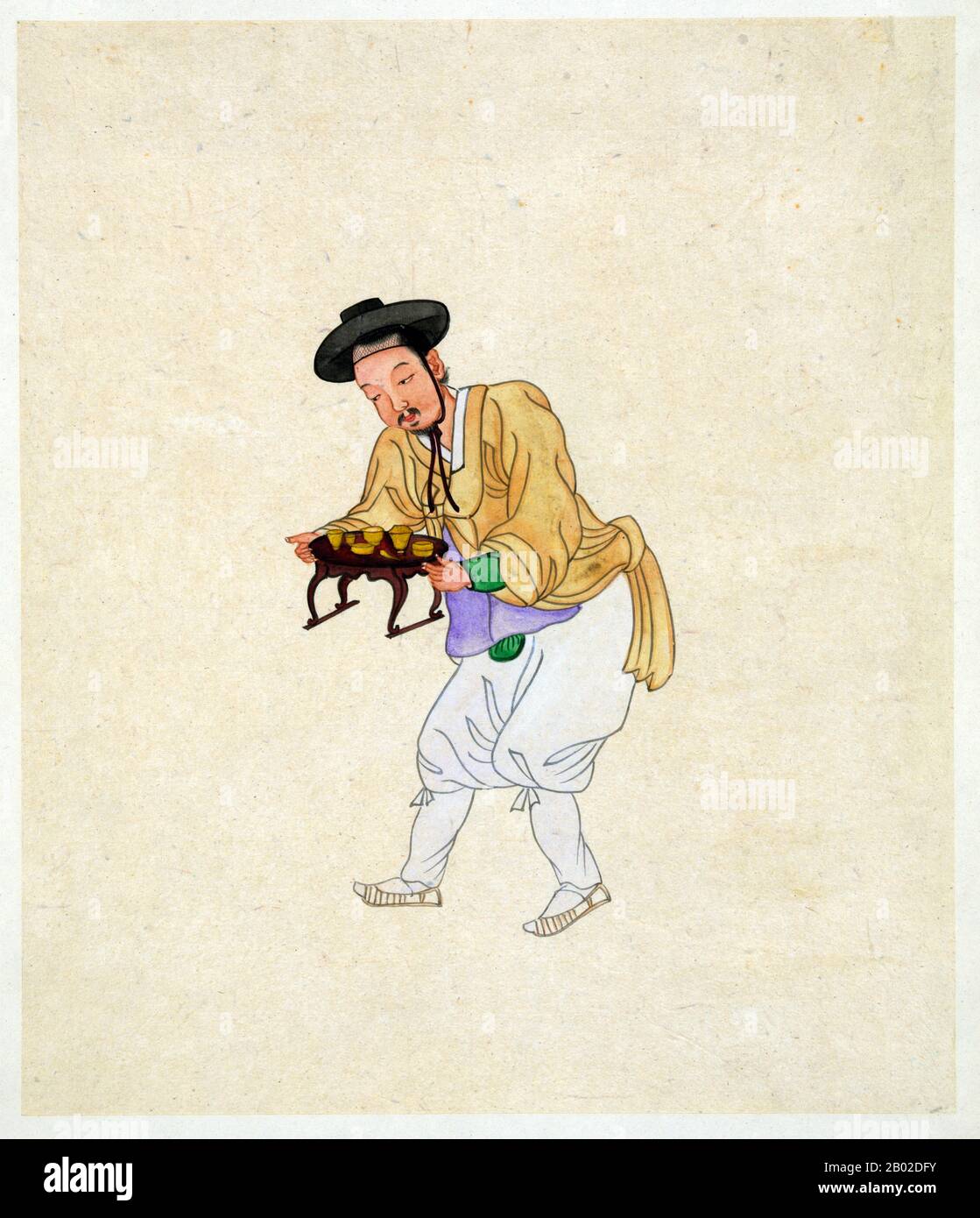 Drawing shows a male servant, full-length, standing, facing left ...