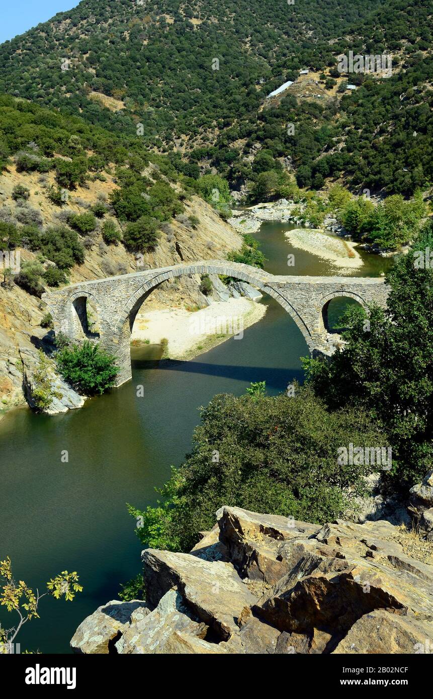 Greece, ancient byzantine arch bridge over river Kompsatos Stock Photo ...
