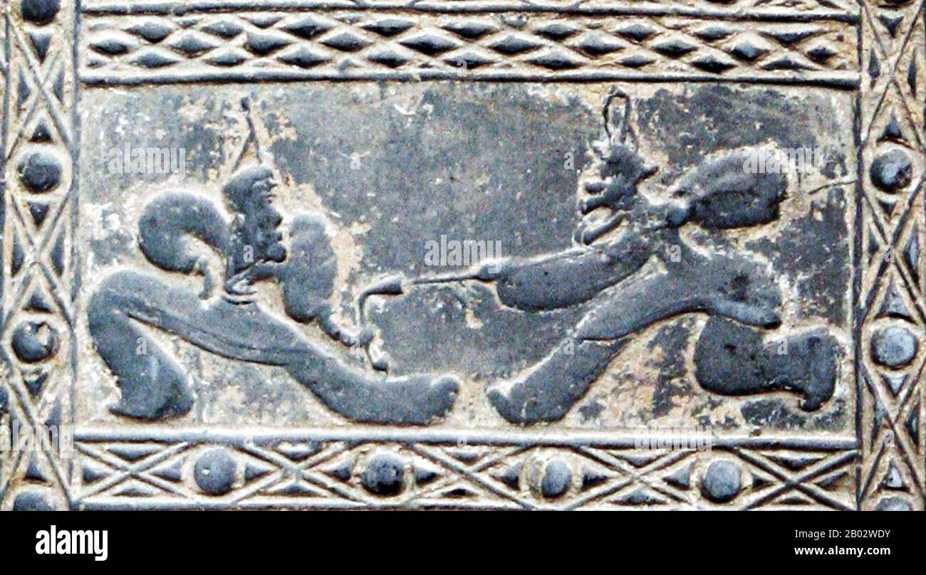 A pottery tile of the Han Dynasty, depicting hunting and battle scenes ...