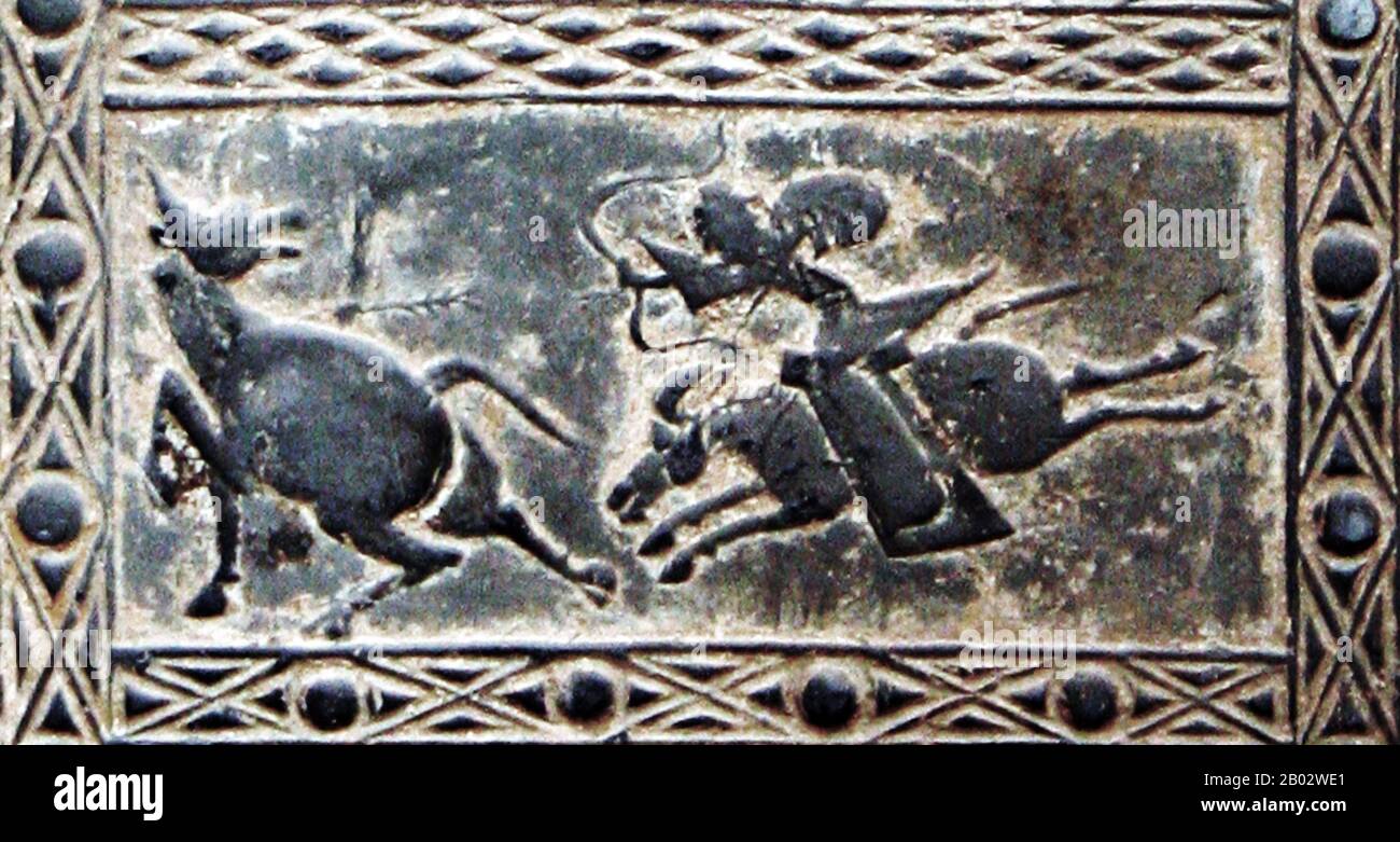 A pottery tile of the Han Dynasty, depicting hunting and battle scenes ...