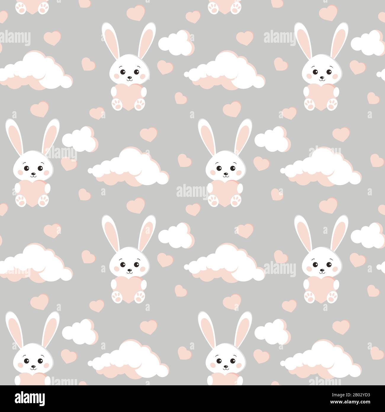 Vector seamless pattern with sweet and cute bunny white rabbit, clouds ...
