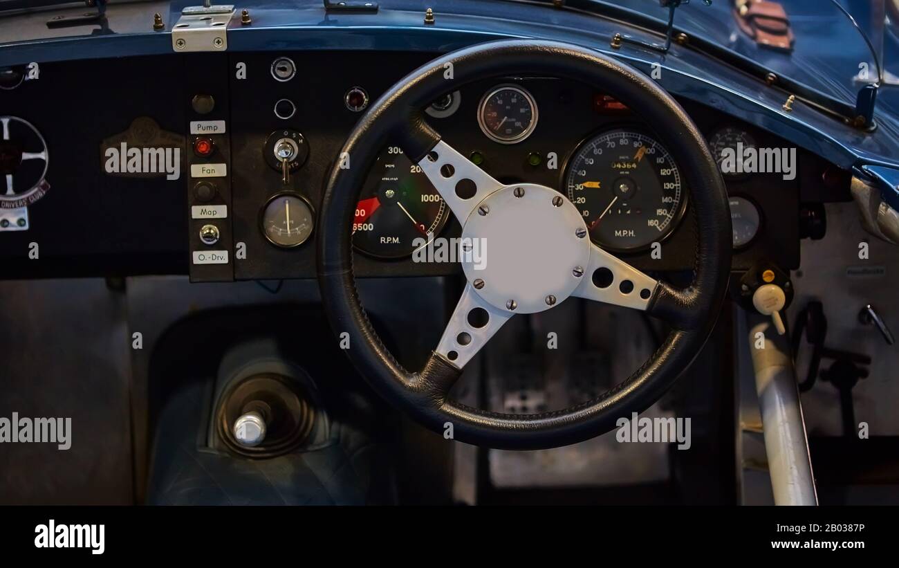 Details of interior classic car. Classic car steering wheel Stock Photo ...