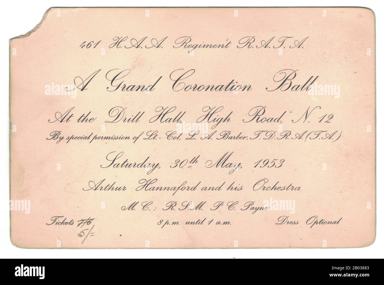 Grand Carnation Ball Invite 1953 Stock Photo - Alamy