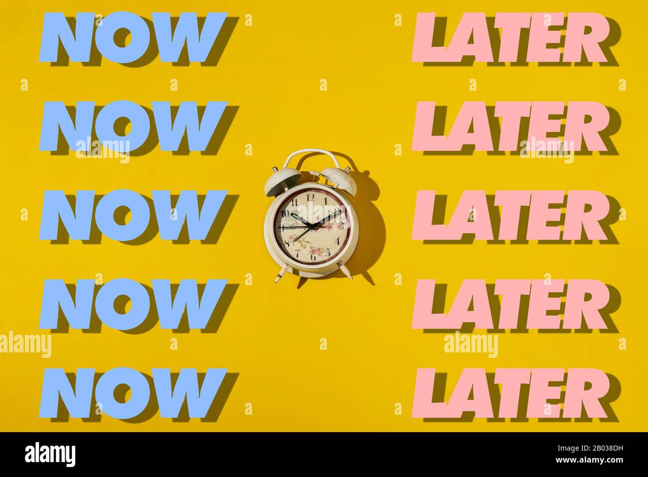 a simple retro alarm clock on color background with words now and later ...