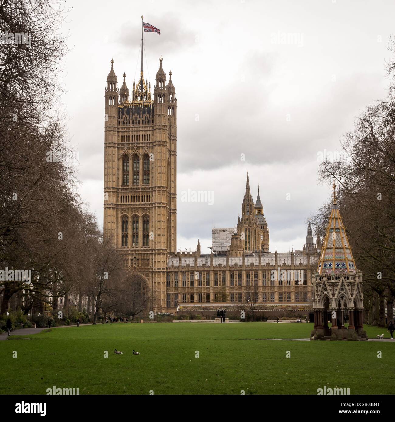 Palace of Westminster, London. A view from Victoria Tower Gardens ...