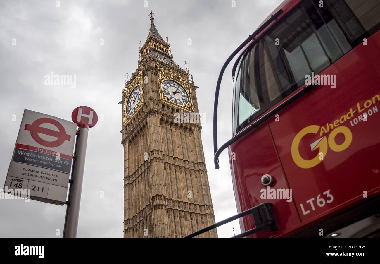 Big Ben, London. Abstract low angle view of the iconic landmark framed ...