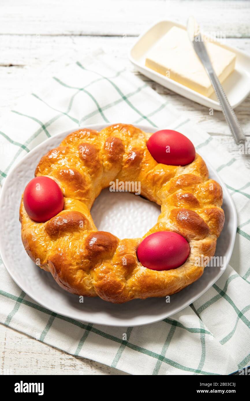 Greek Easter cake. Easter. Greek easter bread. Egg roll Stock Photo - Alamy