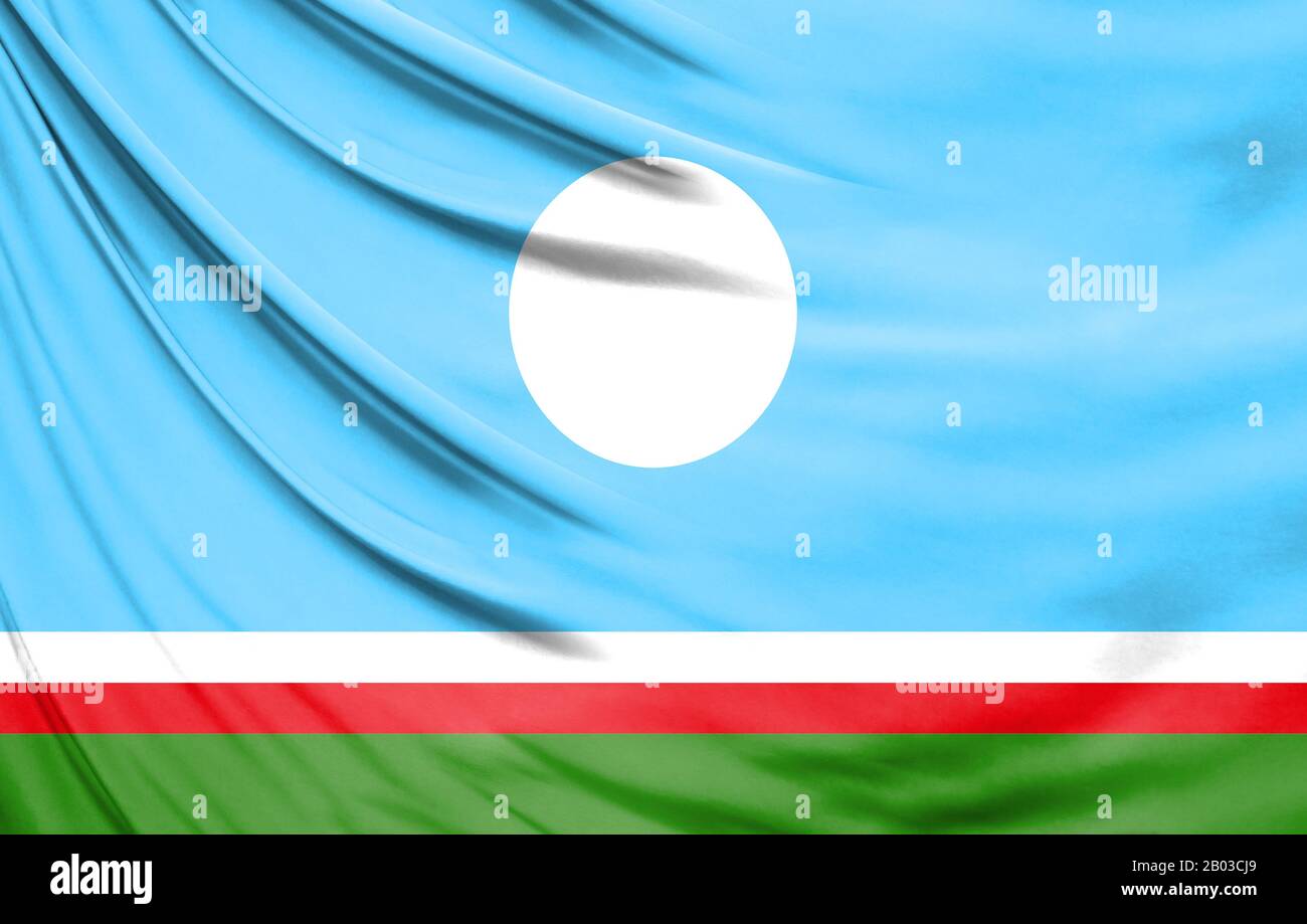 Realistic flag of Sakha Republic on the wavy surface of fabric Stock ...