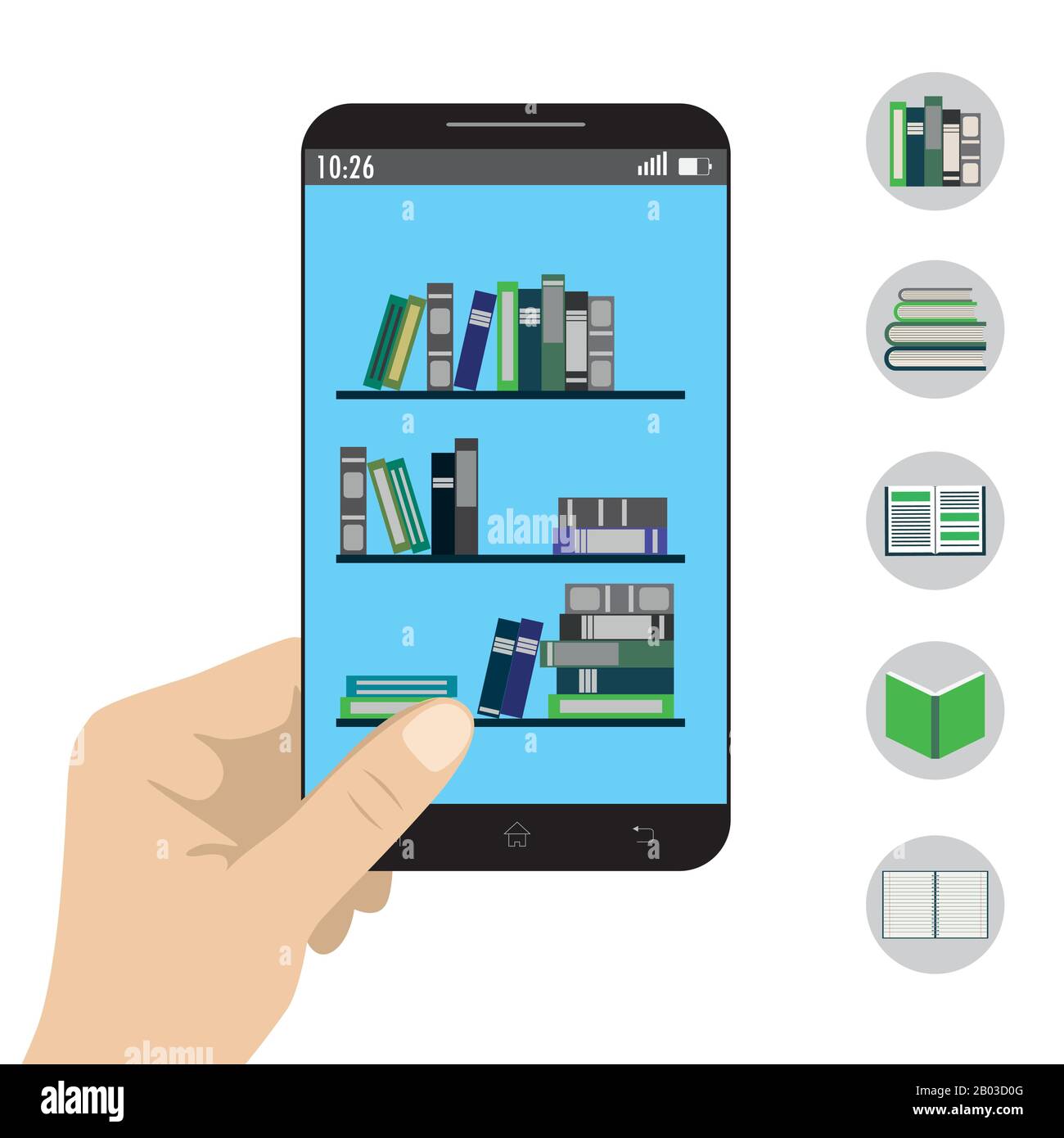 hand holding smart phone- book reader application on screen.Cartoon ...