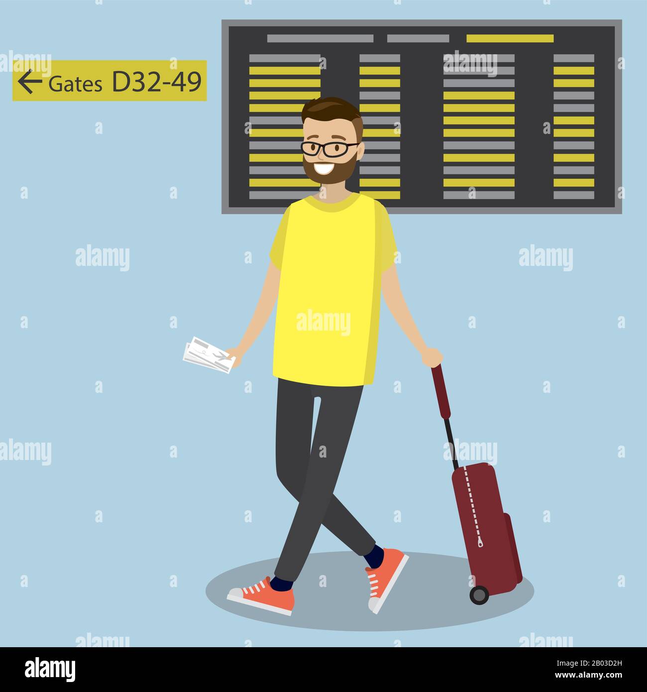 Cartoon caucasian passenger with suitcase walking on the background ...